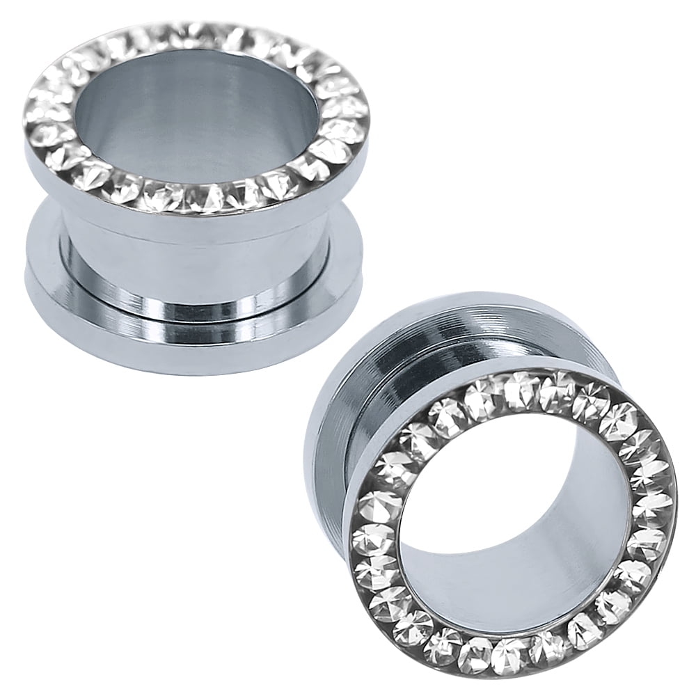 ZS 1 Pair Rhinestone Crystal Ear Plug Tunnels Screw Fit Ear Expander ...