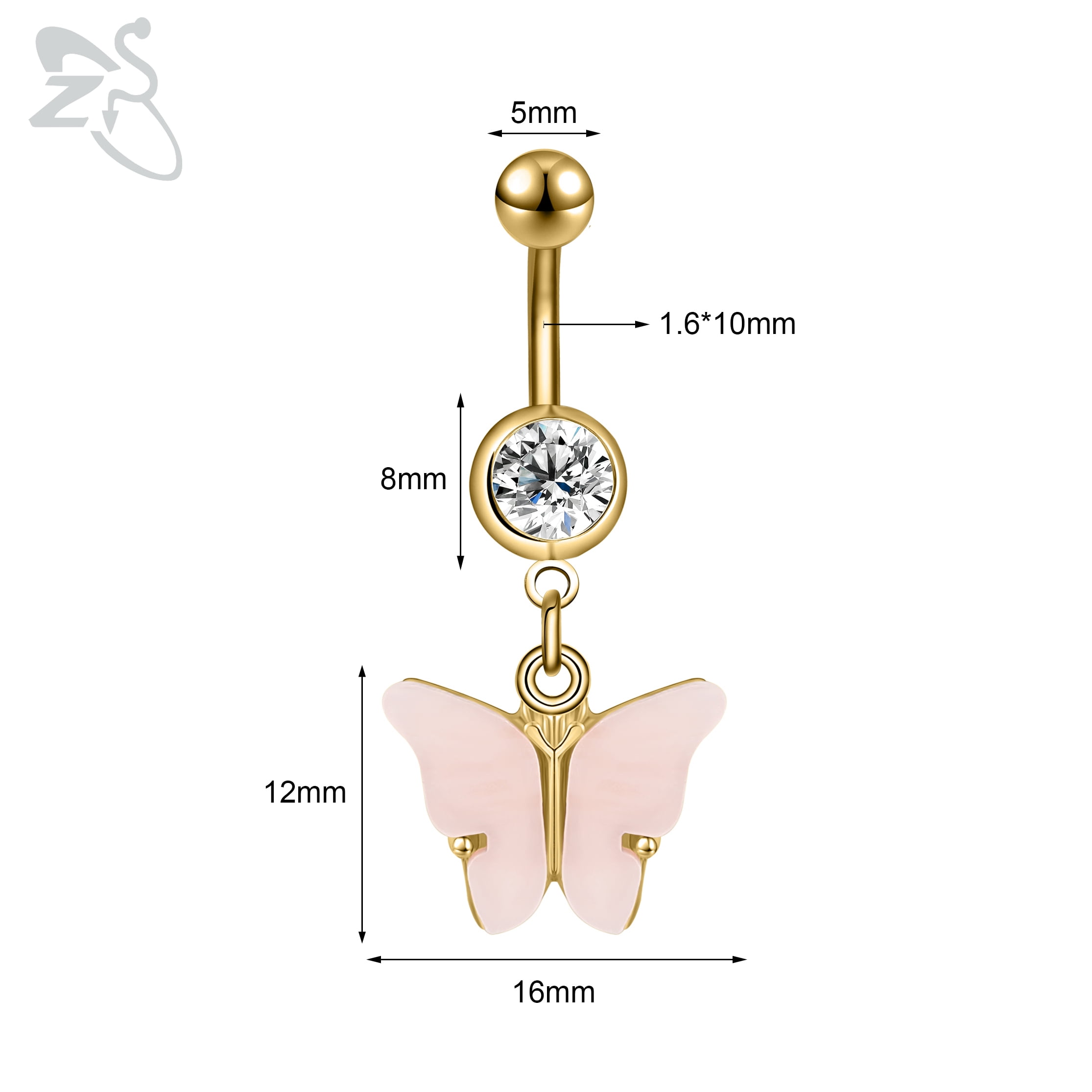 ZS 1 Piece Gold Color Stainless Steel Belly Ring Flower Heart CZ ...
