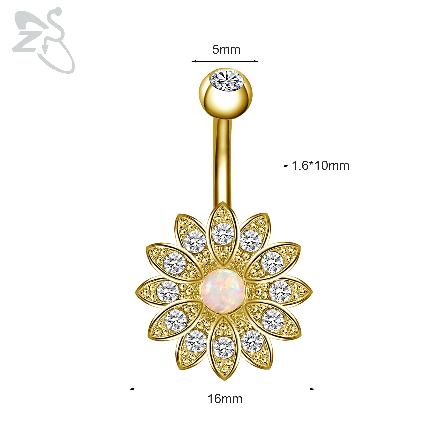 ZS 1 Piece Gold Color Stainless Steel Belly Ring Flower Heart CZ ...