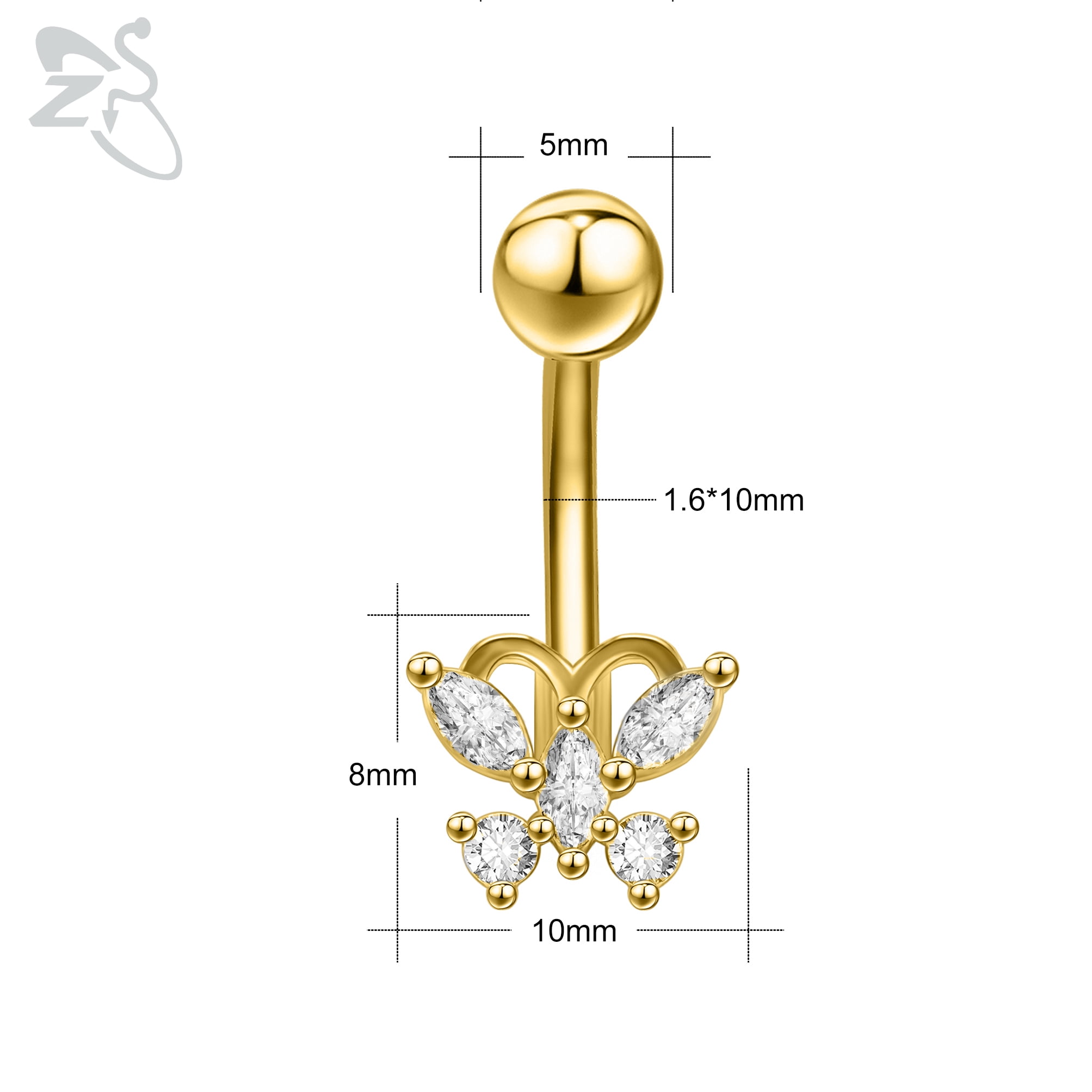 ZS 1 Piece Gold Color Stainless Steel Belly Ring Flower Heart CZ ...