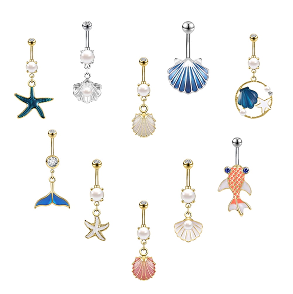 ZS 10PCS 14G Jewelry, Marine Style Belly Button Rings, Shell Starfish ...