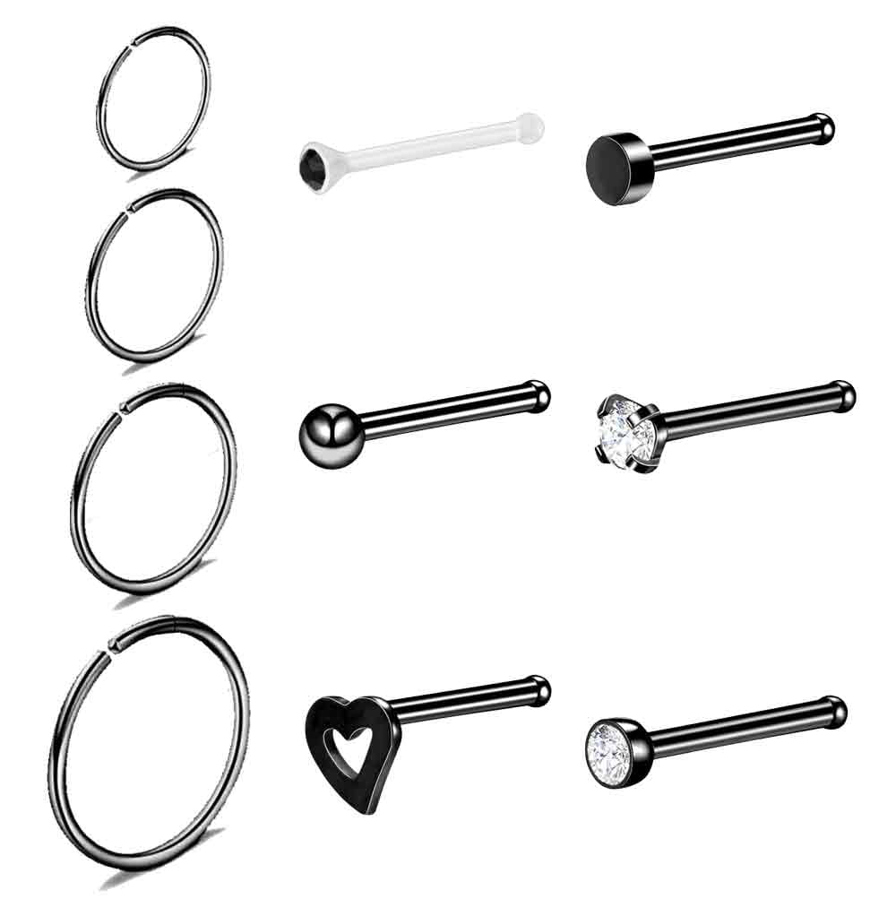 ZS 10PCS 20G Nose Hoop Rings Hoop Nose Stud Rings Set Black Color ...