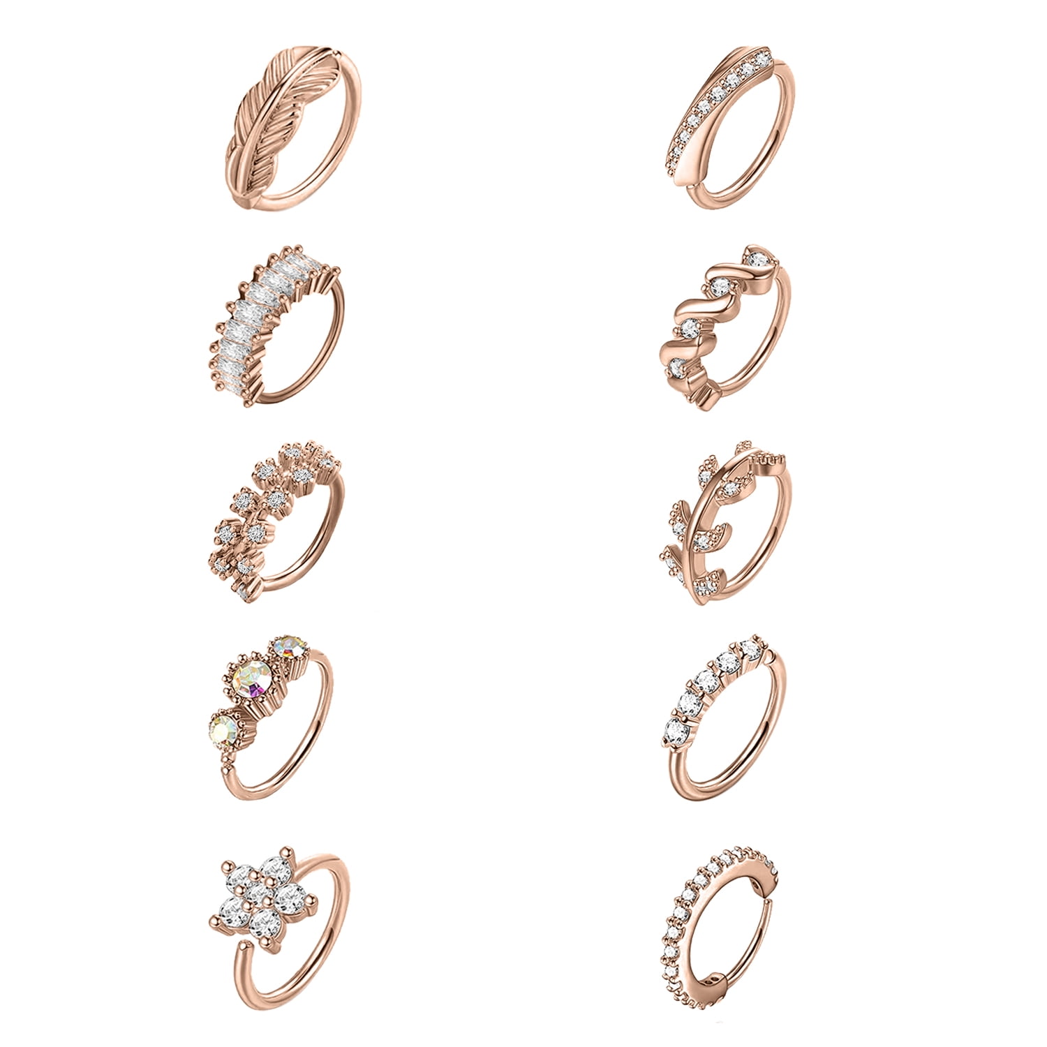 ZS 10Pcs/Set 20G Copper Nose Rings Hoop Flower Leaf Zircon Septum ...
