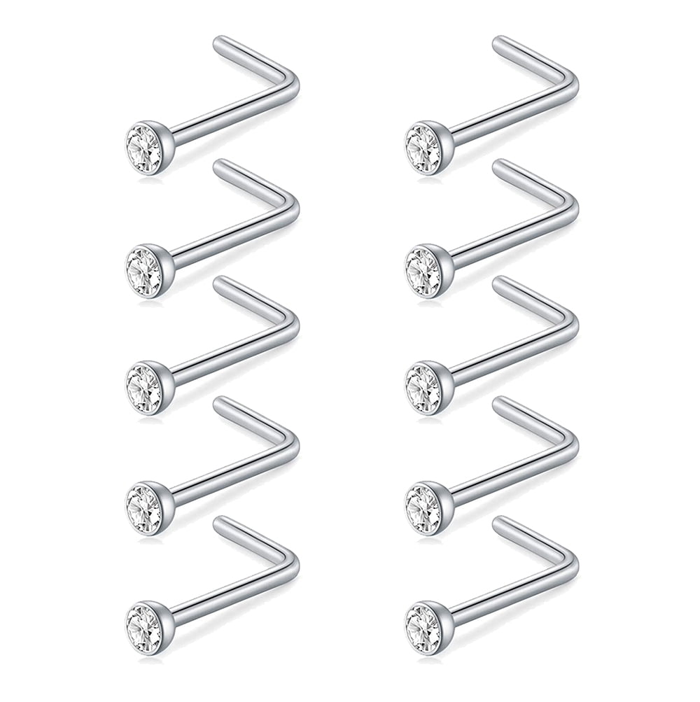 ZS 10Pcs/Set 20g White Cubic Zircon Nose Ring Piercing Round Crystal ...