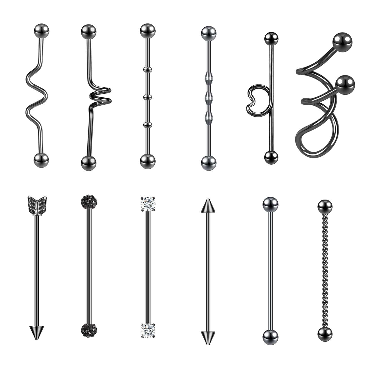 ZS 12Pcs/Set 14G Spiral Industrial Barbell Earring Ball Cartilage ...
