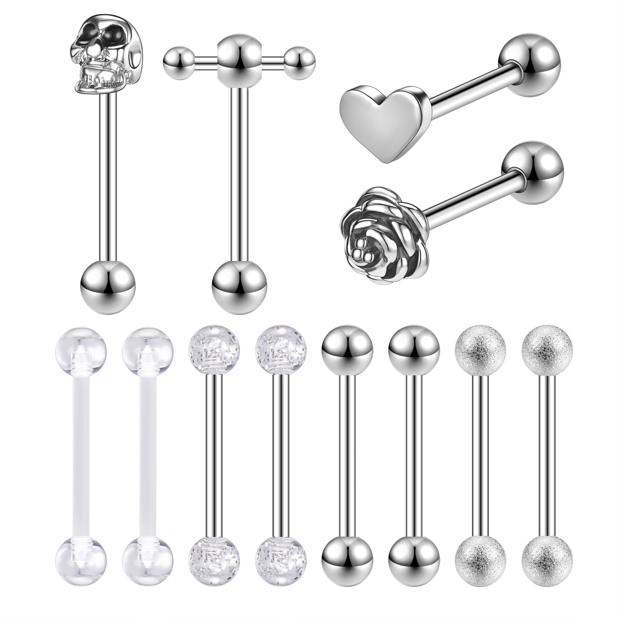 ZS 12Pcs/Set 14G Tongue Piercing Barbells Stainless Steel Long Nipple Piercing Barbells Body ...