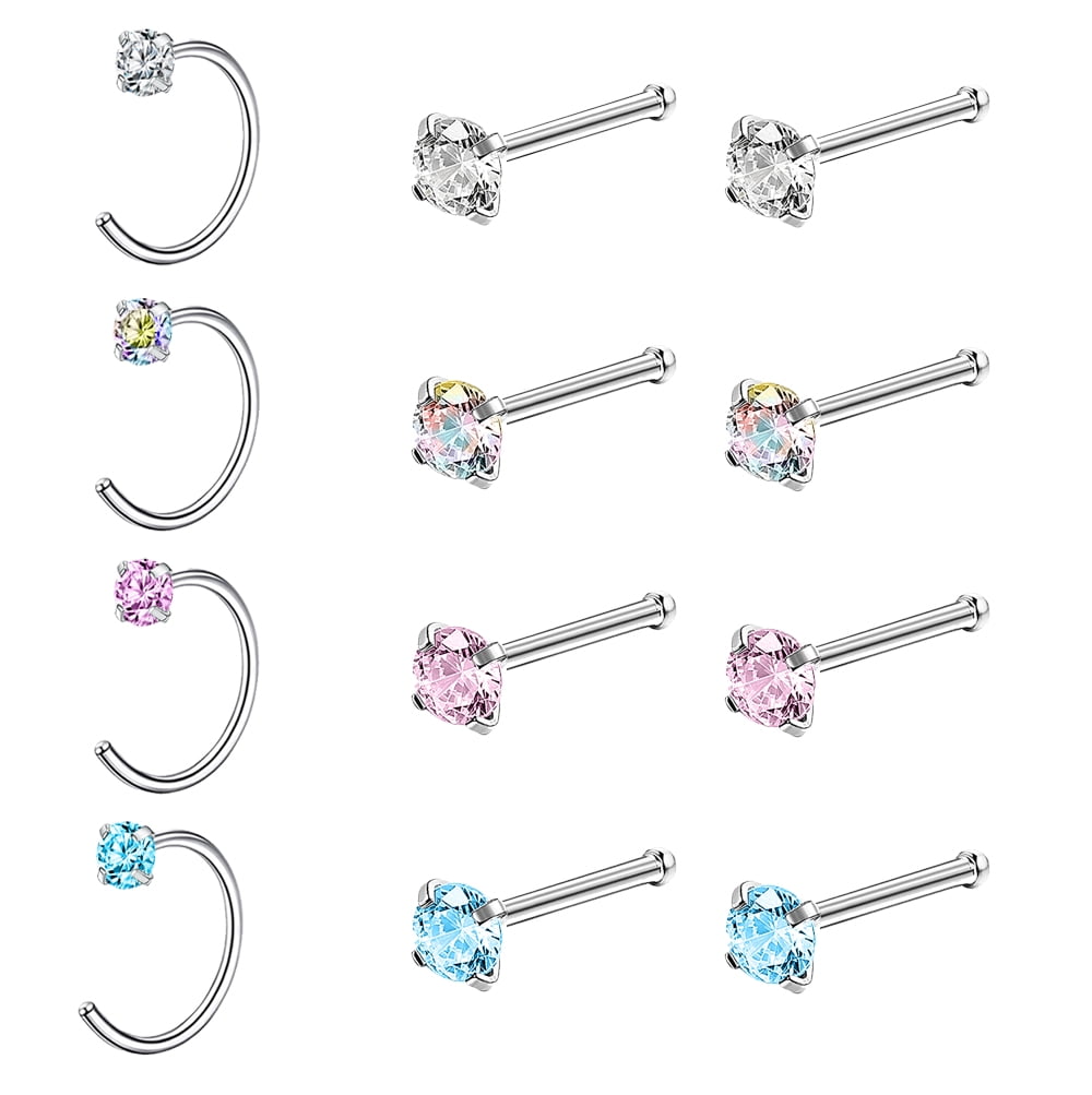 ZS 12Pcs/Set 20g C Shaped Nose Ring Piercing Round Zirconia Nostril ...