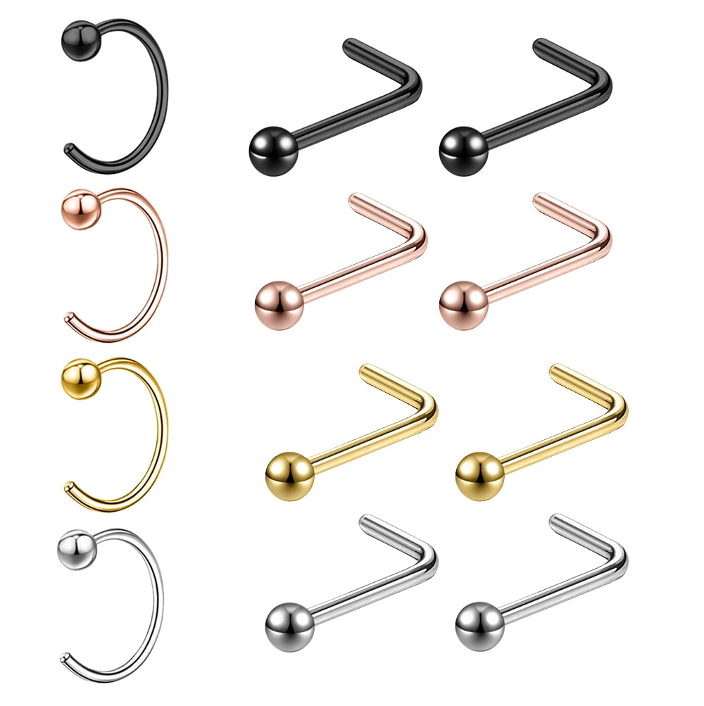 ZS 12Pcs/Set 20g Nose Ring Piercing Steel Ball Nostril Piercing Nose ...