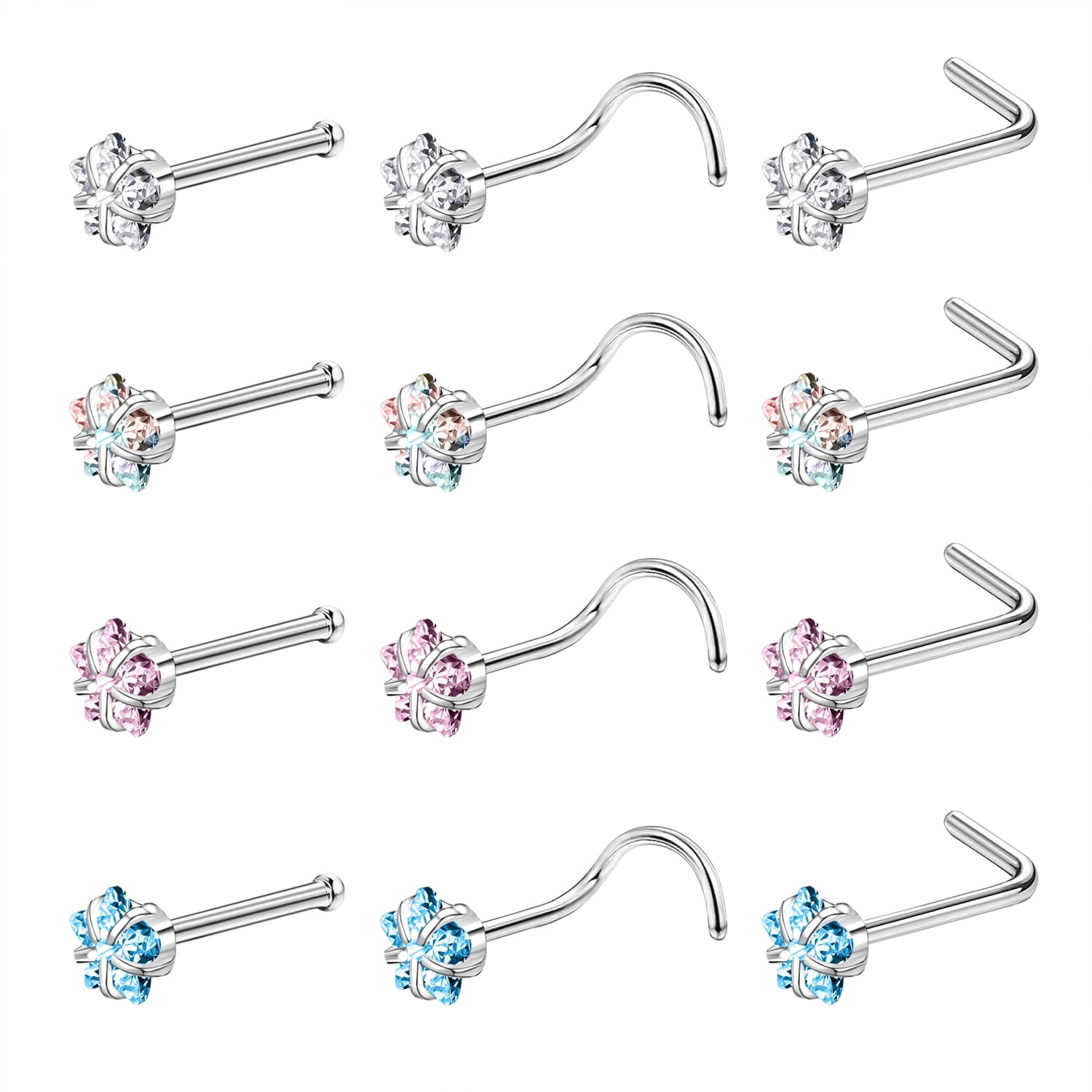 ZS 12Pcs/Set 20g Star/Round/Heart Crystal Nose Ring Piercing Mix Color ...
