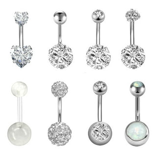 Round Reverse Belly Button Ring Design with Three Prong Clear Gems 14g ...