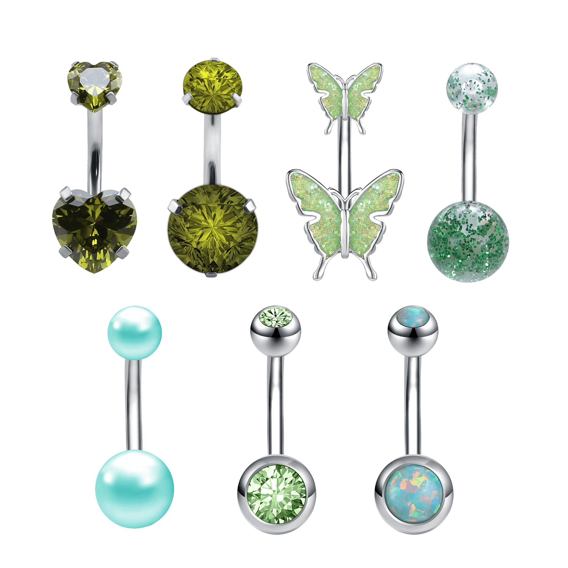 ZS 14G Cubic Zirconia Belly Button Rings Opal Green Color Belly Navel ...