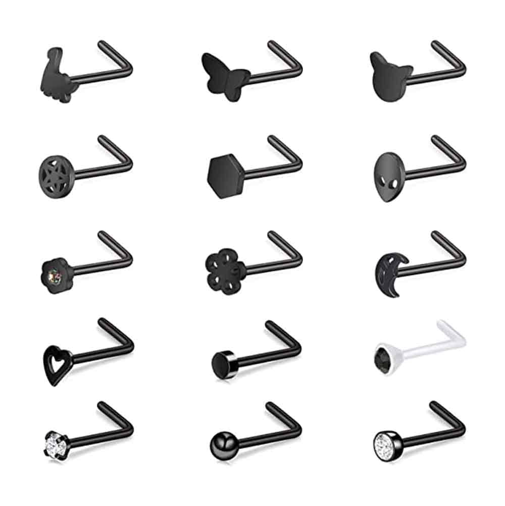 ZS Black Plating Mixed Shape Stud Nose Piercing Rings Set with ...