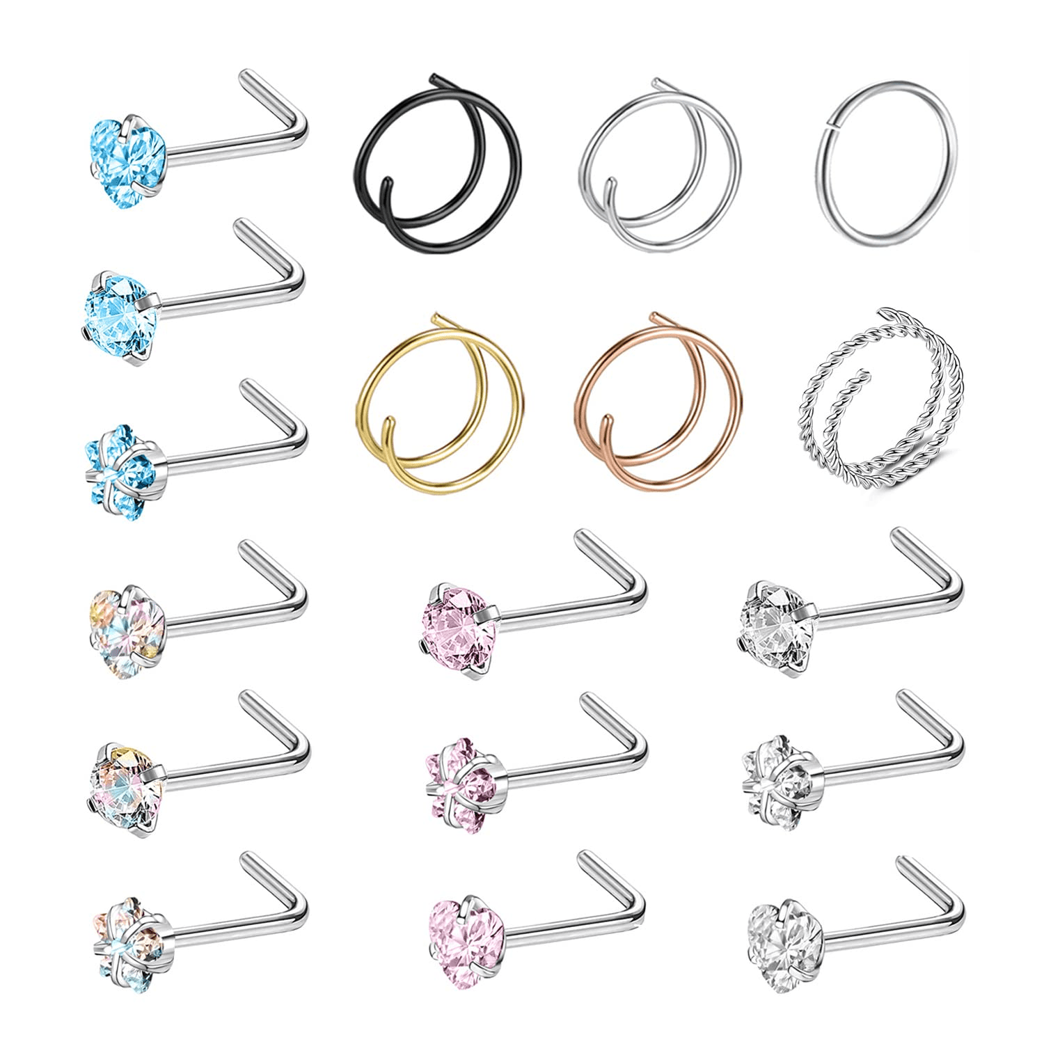 ZS 18Pcs/Set 20g Hoop Nose Ring CZ Nostril Piercing L Shaped Nose Stud ...
