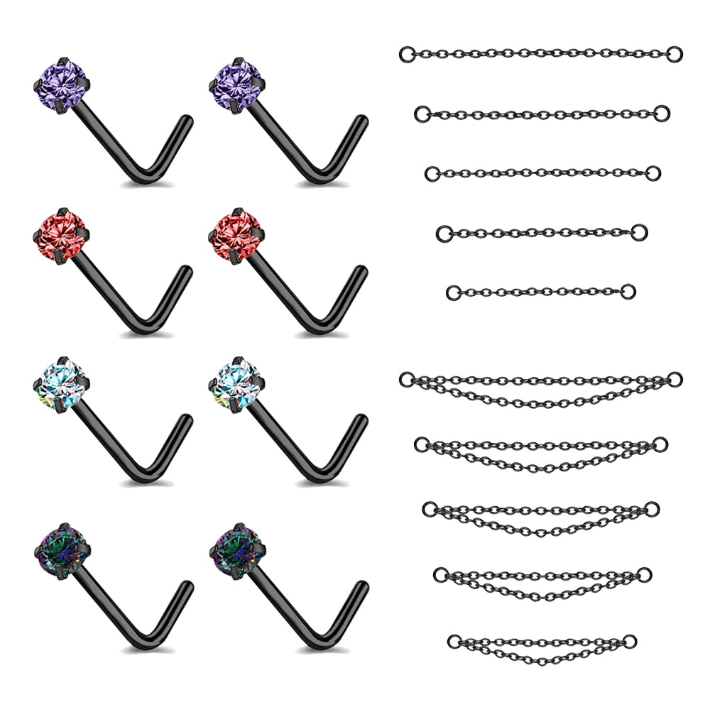 ZS 18Pcs/Set Black Nose Chain Piercing across Nose Stud Crystal L Shape ...