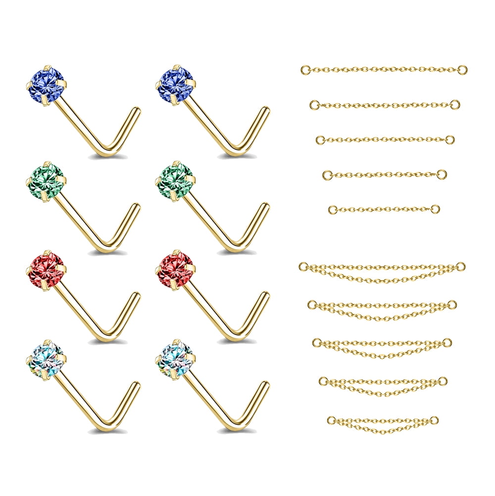 ZS 18Pcs/Set Gold Nose Chain Piercing Across Nose Stud Rainbow Cubic ...