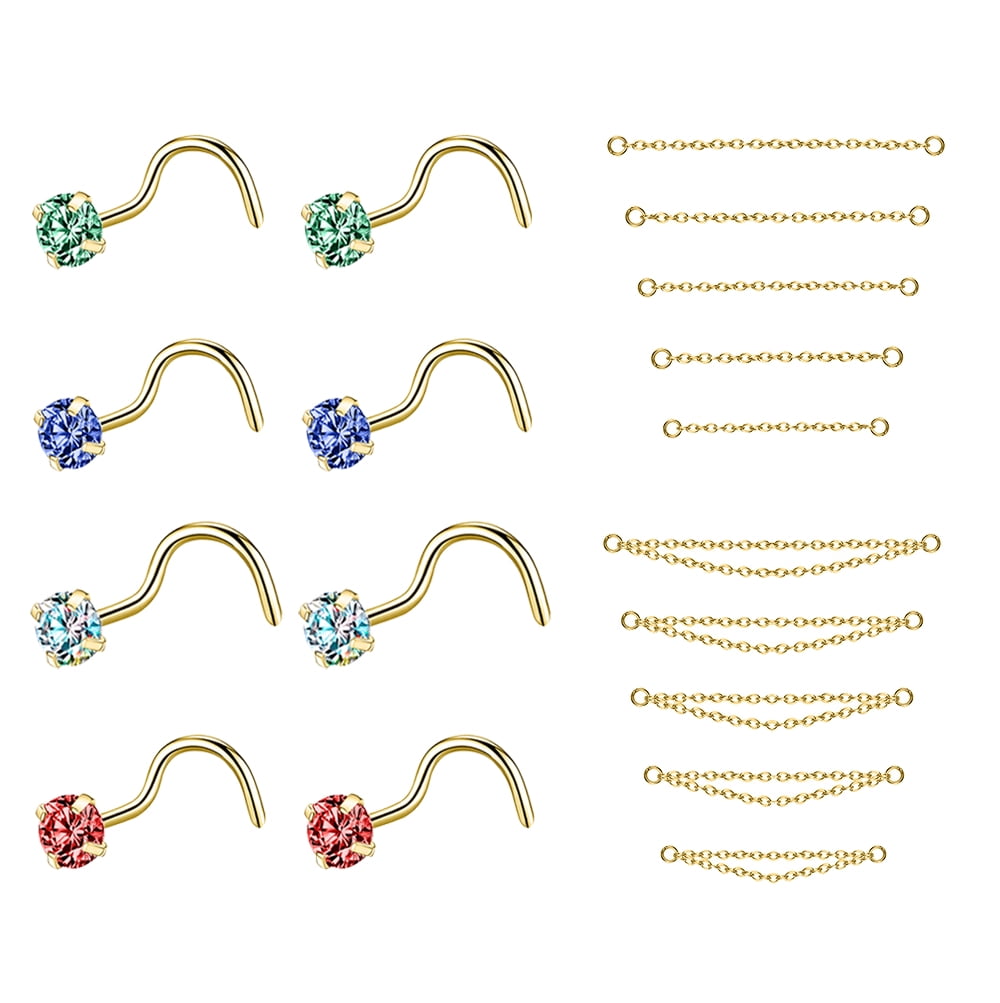 ZS 18Pcs/Set Gold Nose Chain Piercing Across Nose Stud Rainbow Cubic ...
