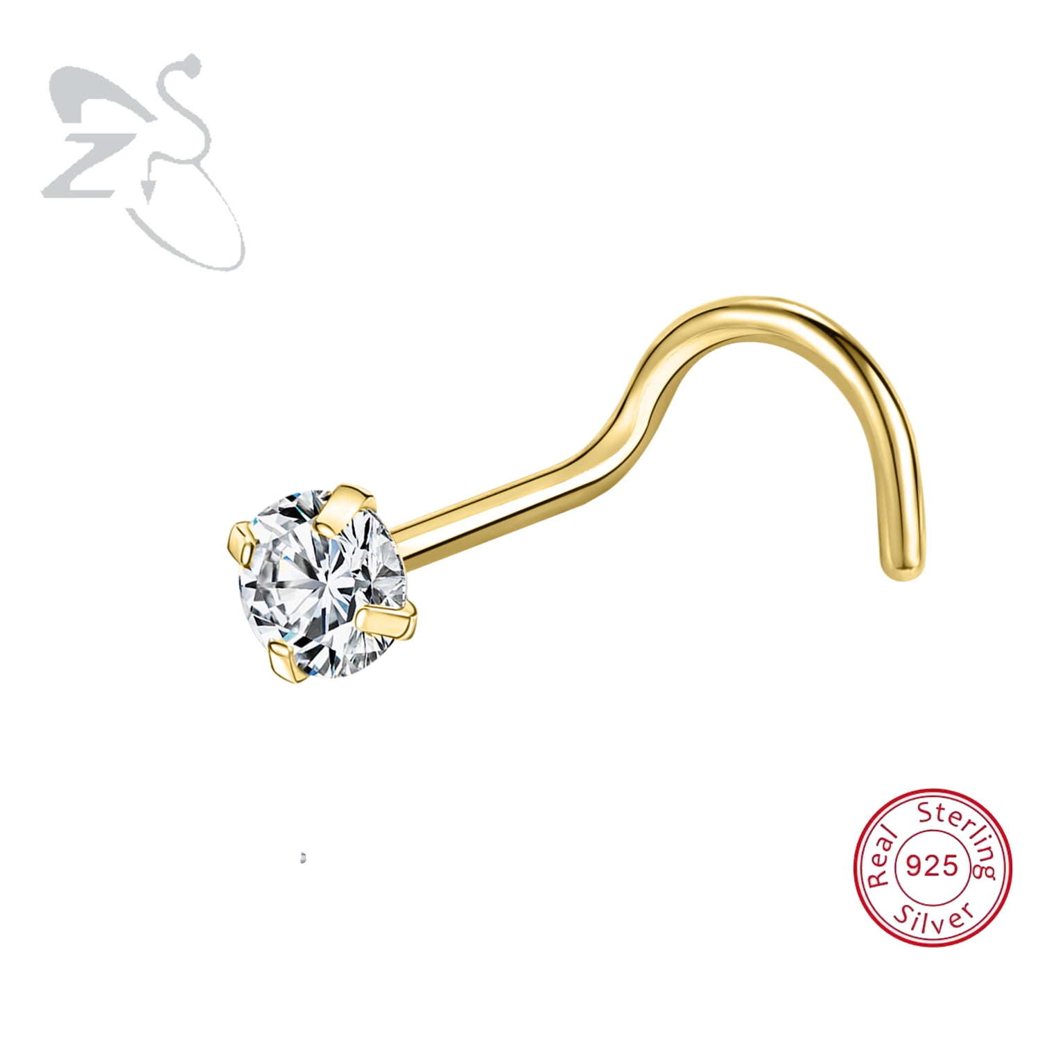 ZS 1PC 18/20G 925 Sterling Silver Nose Stud Gold Color Crystal Nose ...