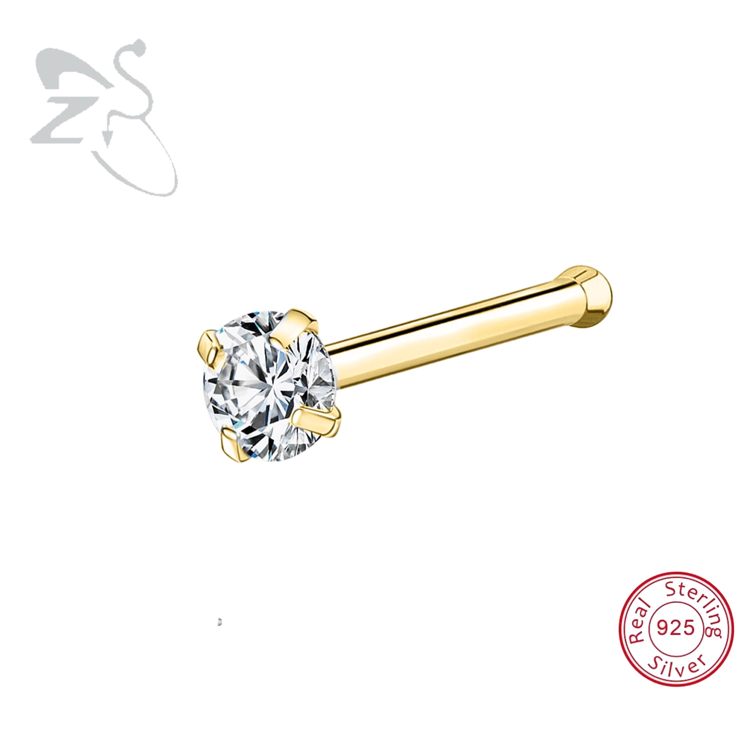 ZS 1PC 18/20G 925 Sterling Silver Nose Stud Gold Color Crystal Nose ...