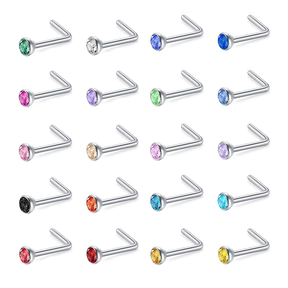 ZS 20G 20Pcs CZ Crystal Nose Studs Piercing L Shape Nose Rings ...