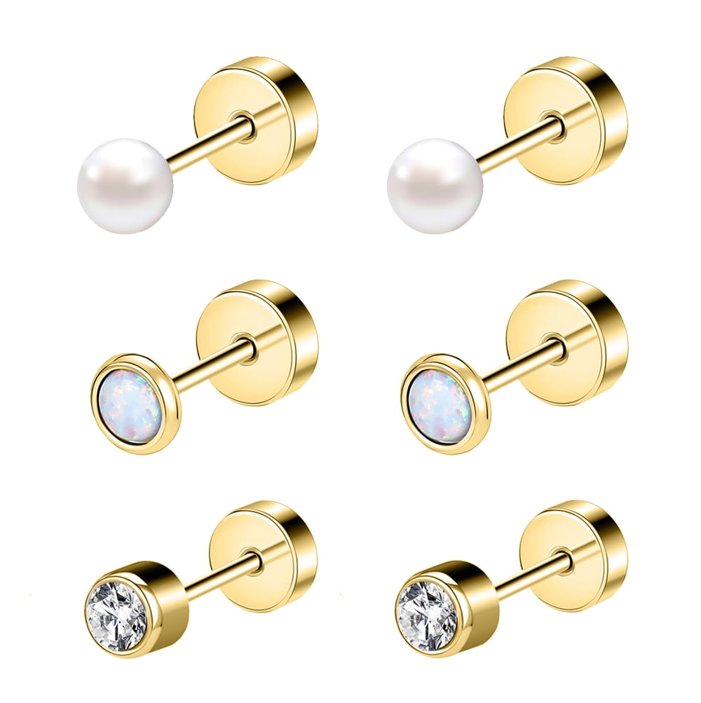 ZS 20G 3 Pairs Opal Stud Earring Pearl Cartilage Conch Helix Piercing ...
