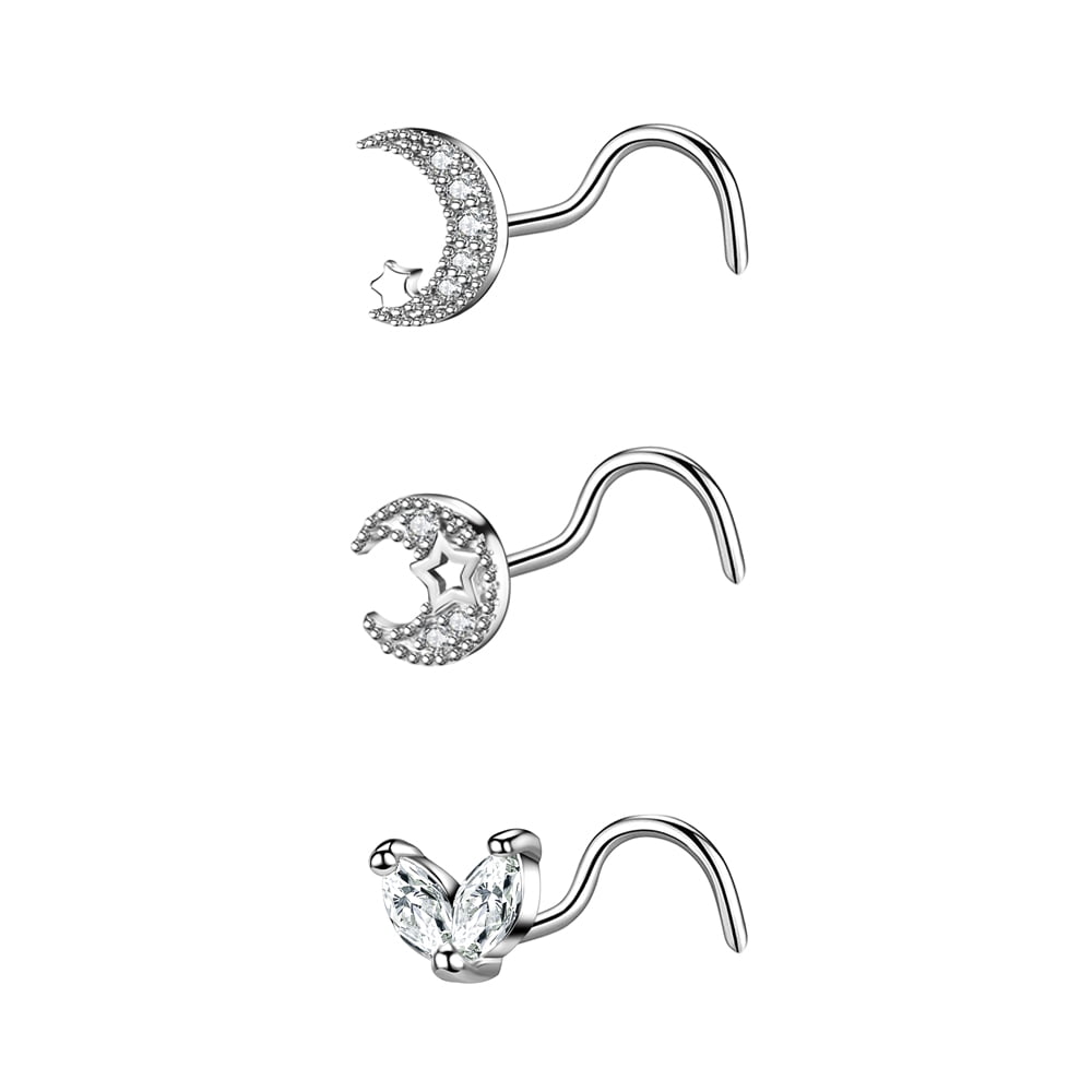 ZS 20G 3Pcs CZ Nose Studs Moon Star Corkscrew Nose Rings Stainless ...