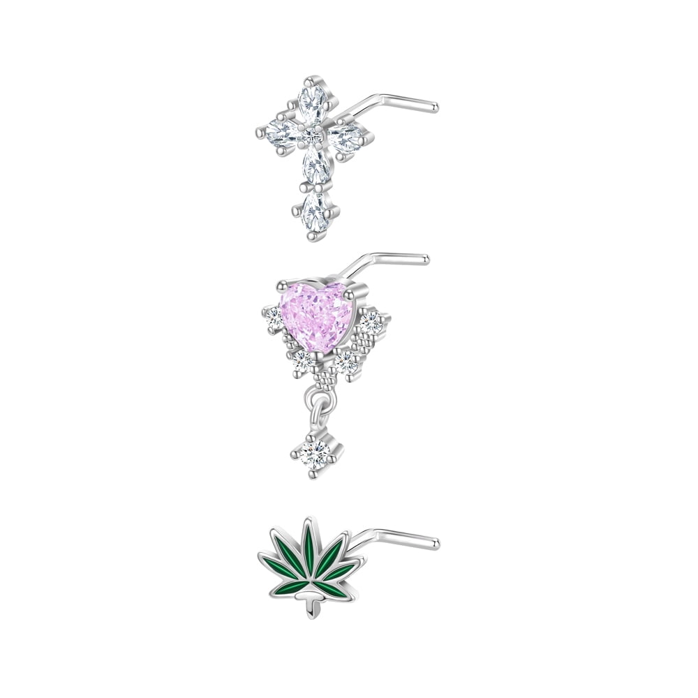 ZS 20G 3Pcs Zircon Nose Studs L Shape Maple Leaf Heart Cross Nose Ring ...
