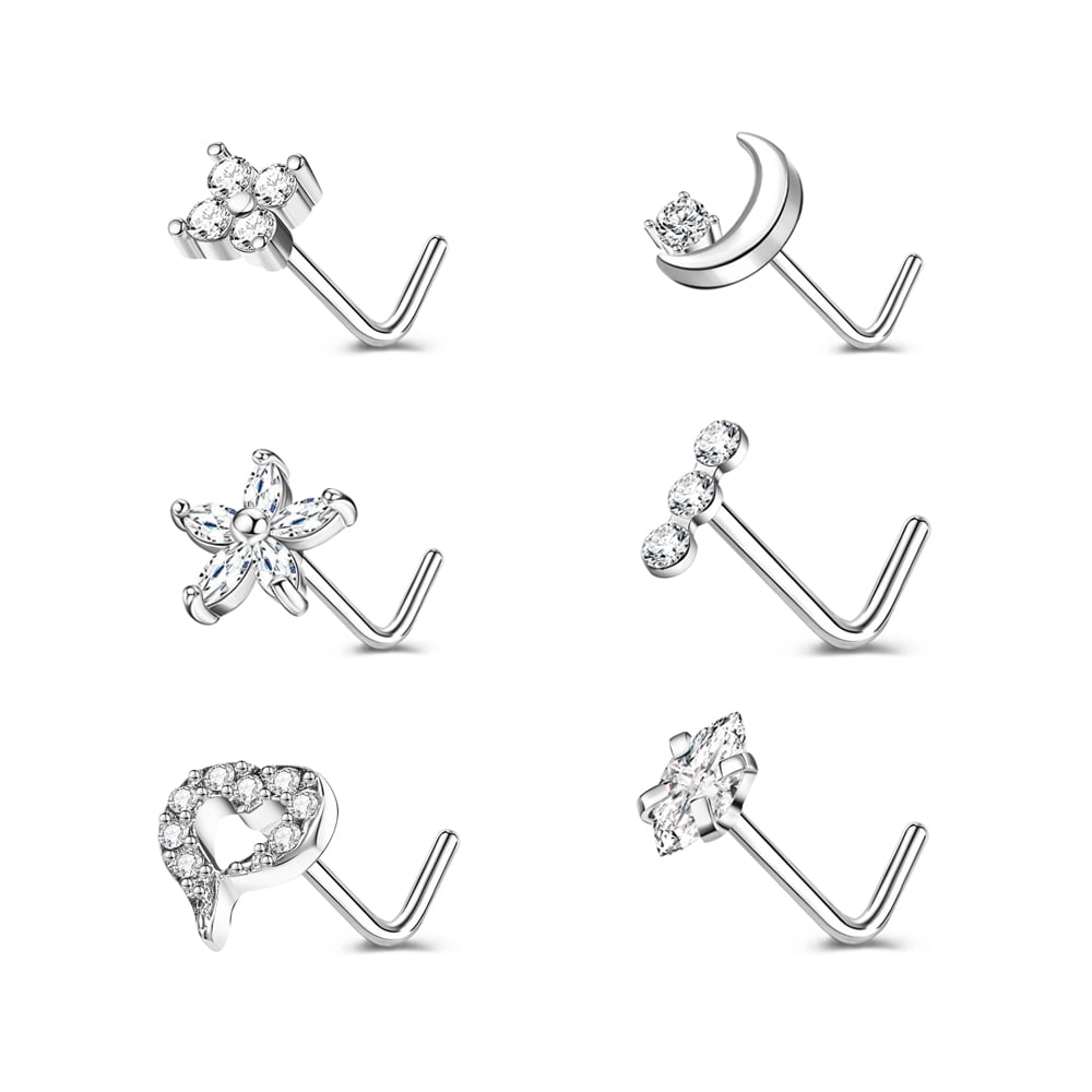 ZS 20G 6Pcs CZ Zircon Nose Studs Piercing L Shape Nose Rings Flower ...