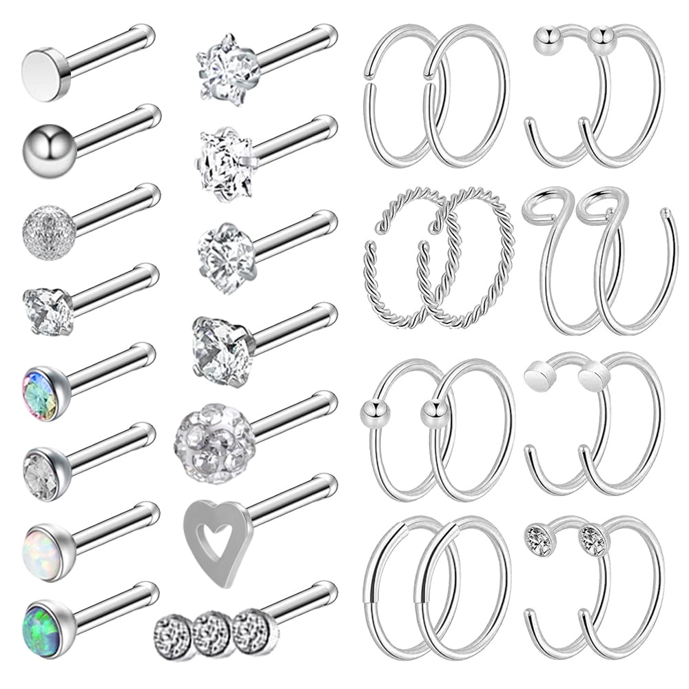 ZS 31Pcs/Set 20g Star Heart Nostril Piercing Round Crystal Nose Ring ...