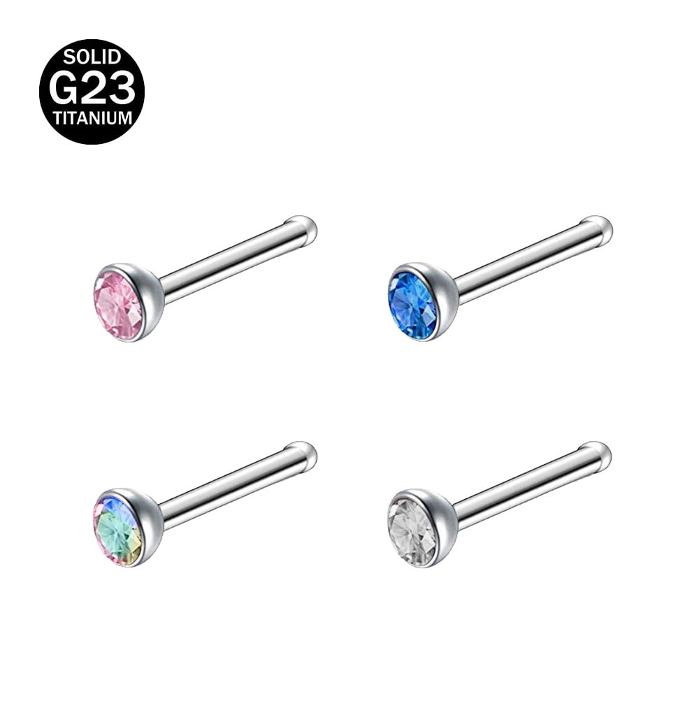 ZS 4Pcs/Set 20G G23 Titanium Nose Stud Piercing Round Crystal Nostril ...