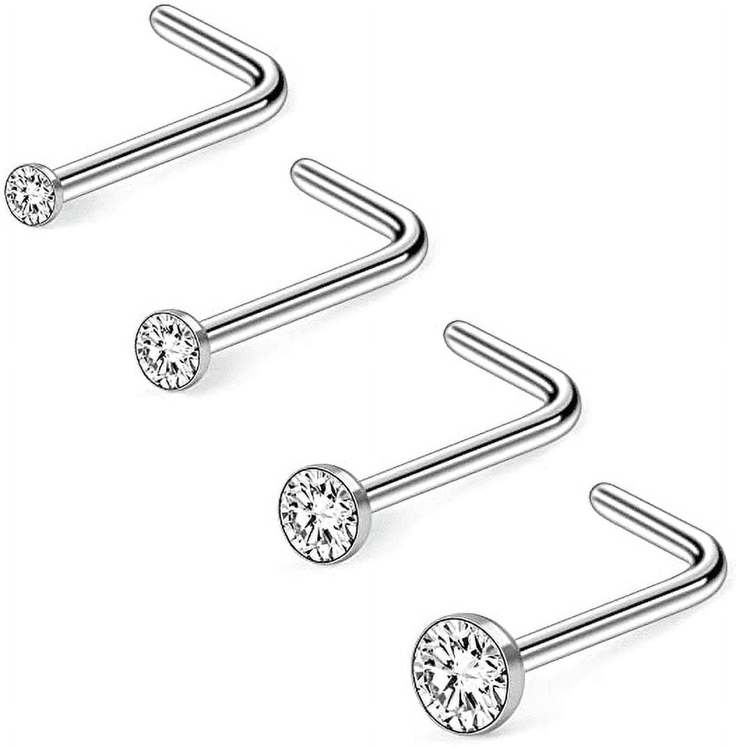 ZS 4Pcs 20g Crystal Nose Rings, Simple Round Nostril Piercing, L-Shaped ...