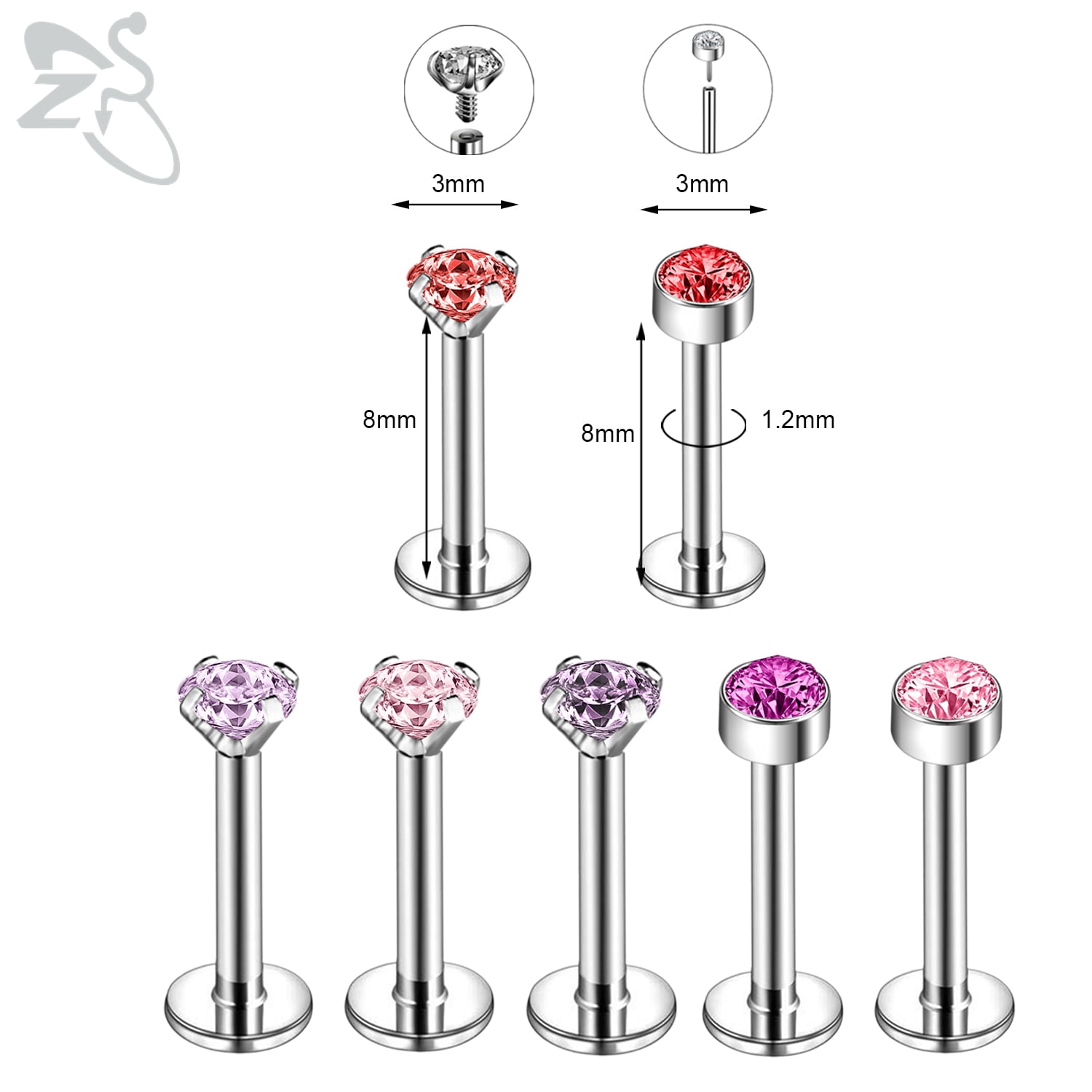 ZS 6-13PCS/LOT 16G Stainless Steel Lip Labret Piercing Set Crystal ...