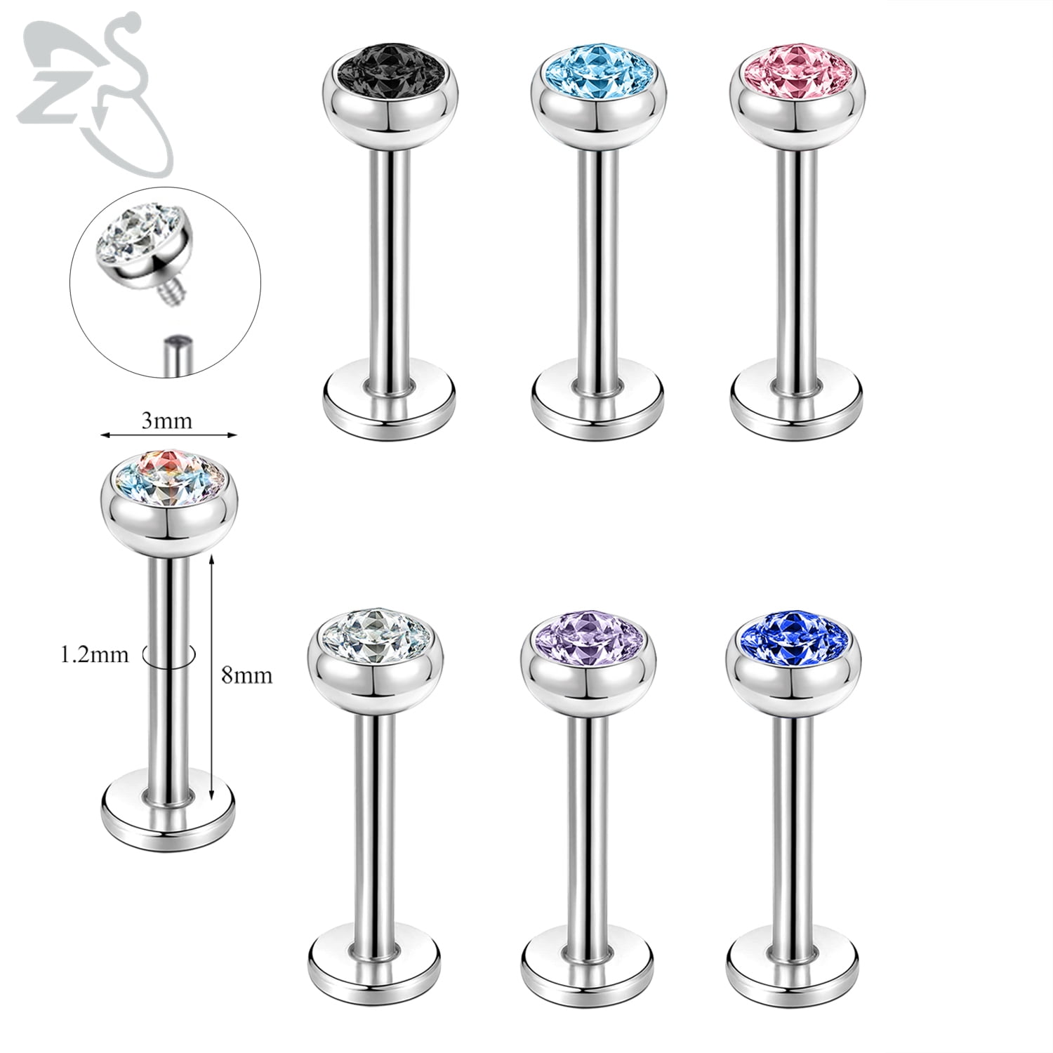 ZS 6-13PCS/LOT 16G Stainless Steel Lip Labret Piercing Set Crystal ...
