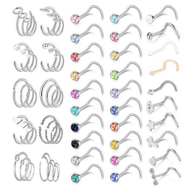 ZS 60Pcs/Set Crystal Nose Hoop Rings Heart Star Cross Nose Corkscrew ...