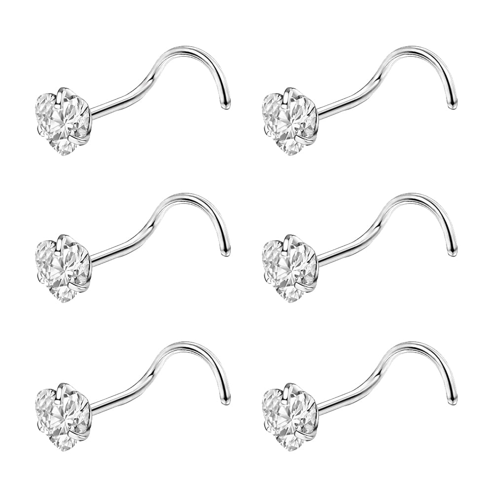 ZS 6Pcs/Set 20g Heart Nose Piercing Nose Corkscrew Stud CZ Nostril ...