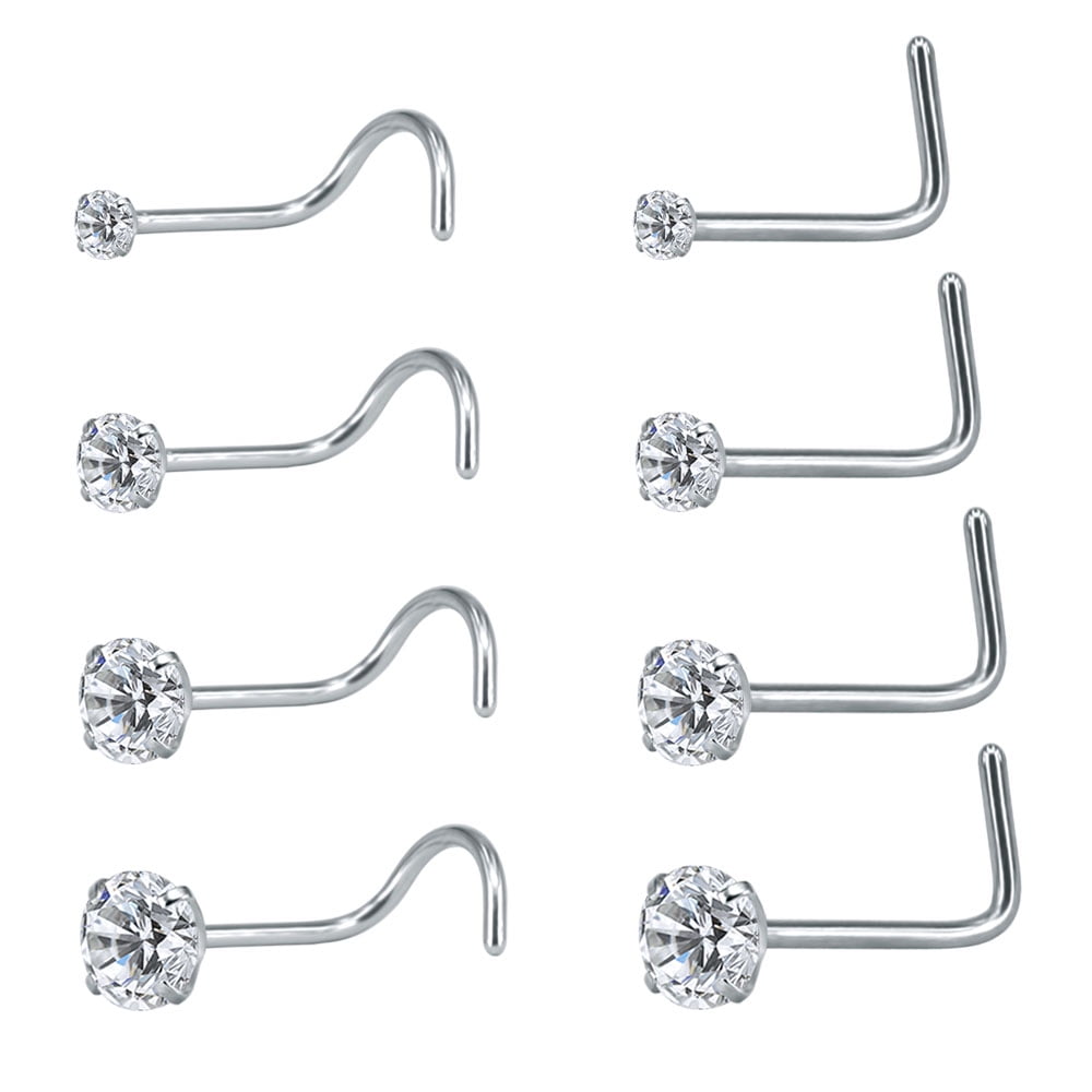 ZS 8Pcs/Set Body Jewelry, 20G Stainless Steel Crystal Nose Studs ...