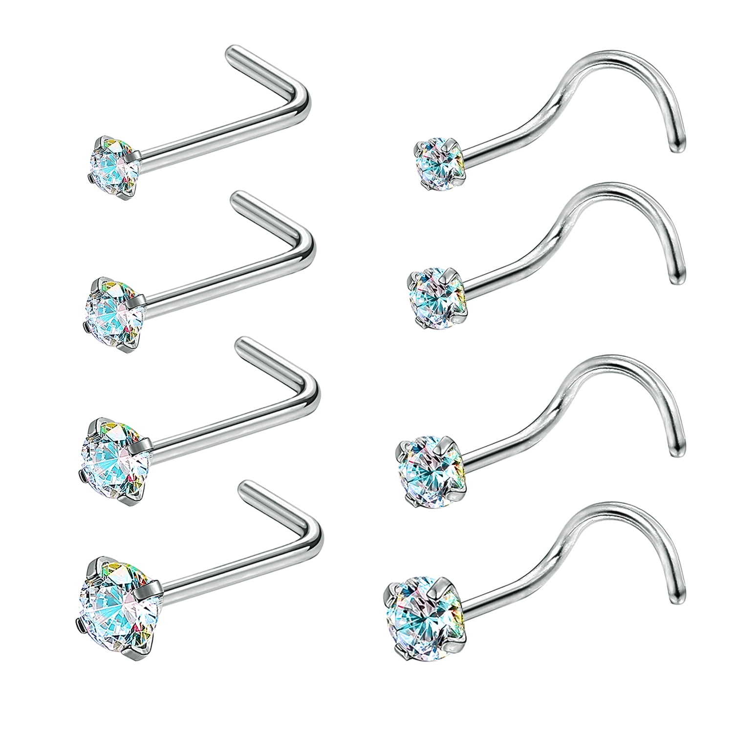 ZS 8Pcs/Set Body Jewelry: 20G Stainless Steel Crystal Nose Stud, L ...