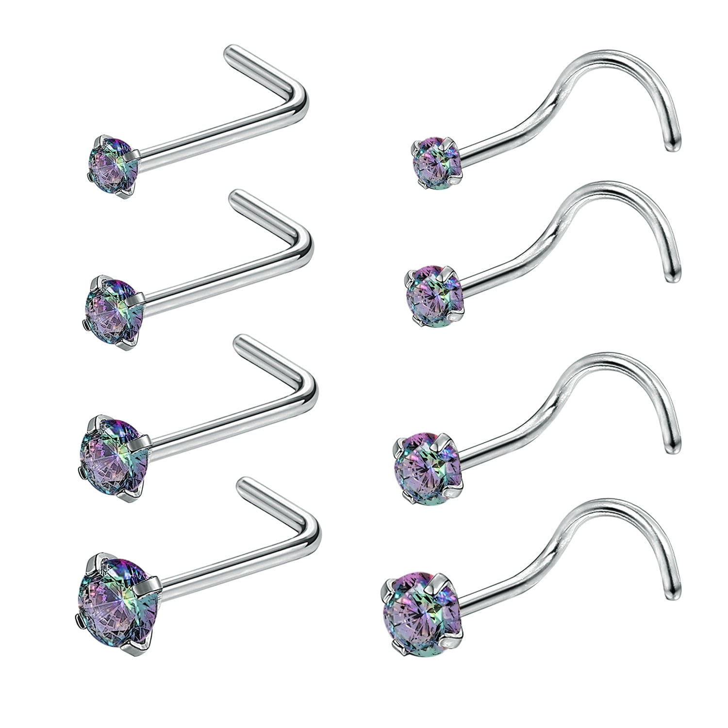 ZS 8Pcs/Set 20G Stainless Steel Crystal Nose Stud Piercing L Shaped ...