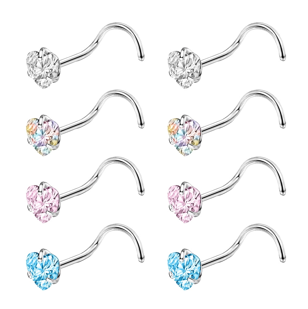 ZS 8Pcs/Set 20g Heart Crystal Nose Ring Stud Piercing Nose Bone/L ...