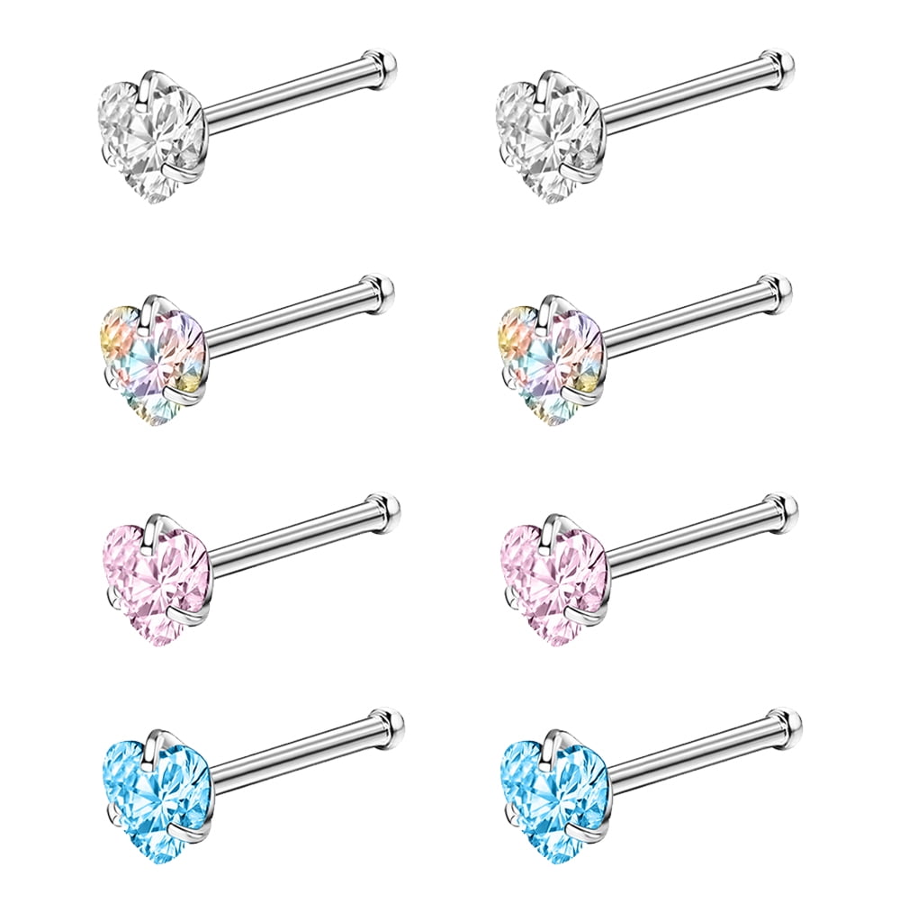 ZS 8Pcs/Set 20g Heart Crystal Nose Ring Stud Piercing Nose Bone/L ...