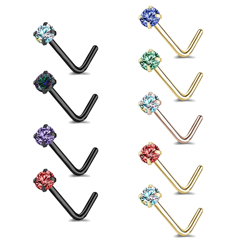 ZS 9Pcs 20g Claw Round Crystal Nose Ring Piercing Mix Color Cubic ...