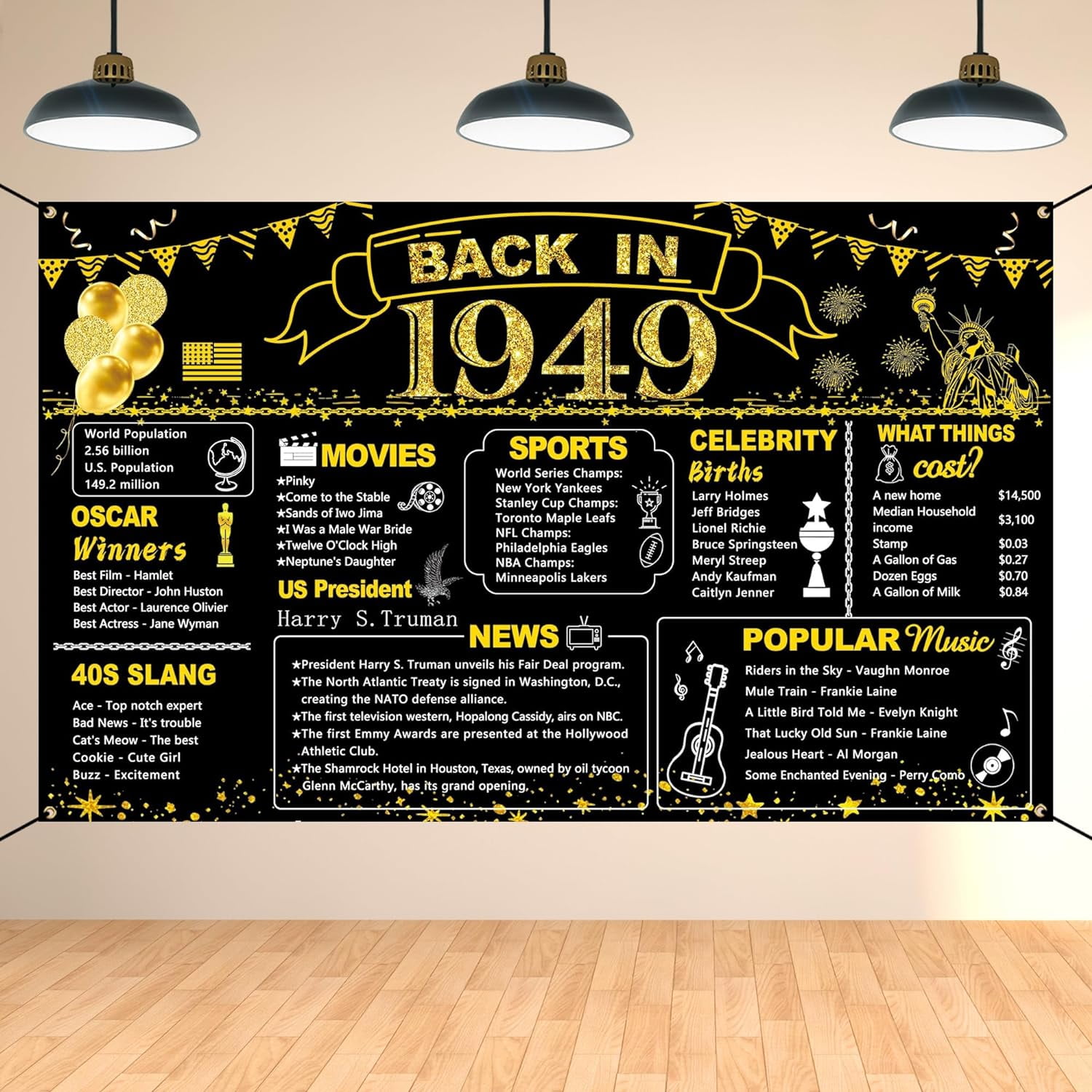 ZSD 75th Birthday Black Gold Party Decoration, Back in 1949 Banner 75 ...