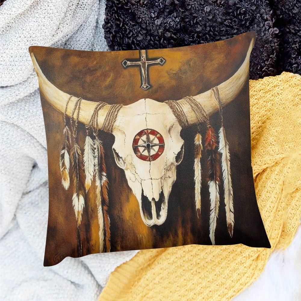 ZSLONG Cow Skull Pillow Cover with Bohemian Style Feather Pillow Case ...