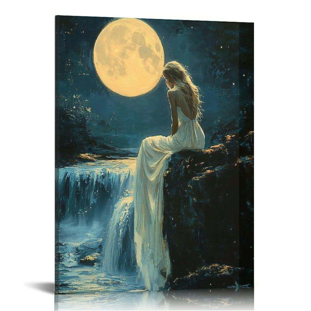 ZSLONG Witch Waterfall and Moon Print Painting，Moody Victorian Girl ...