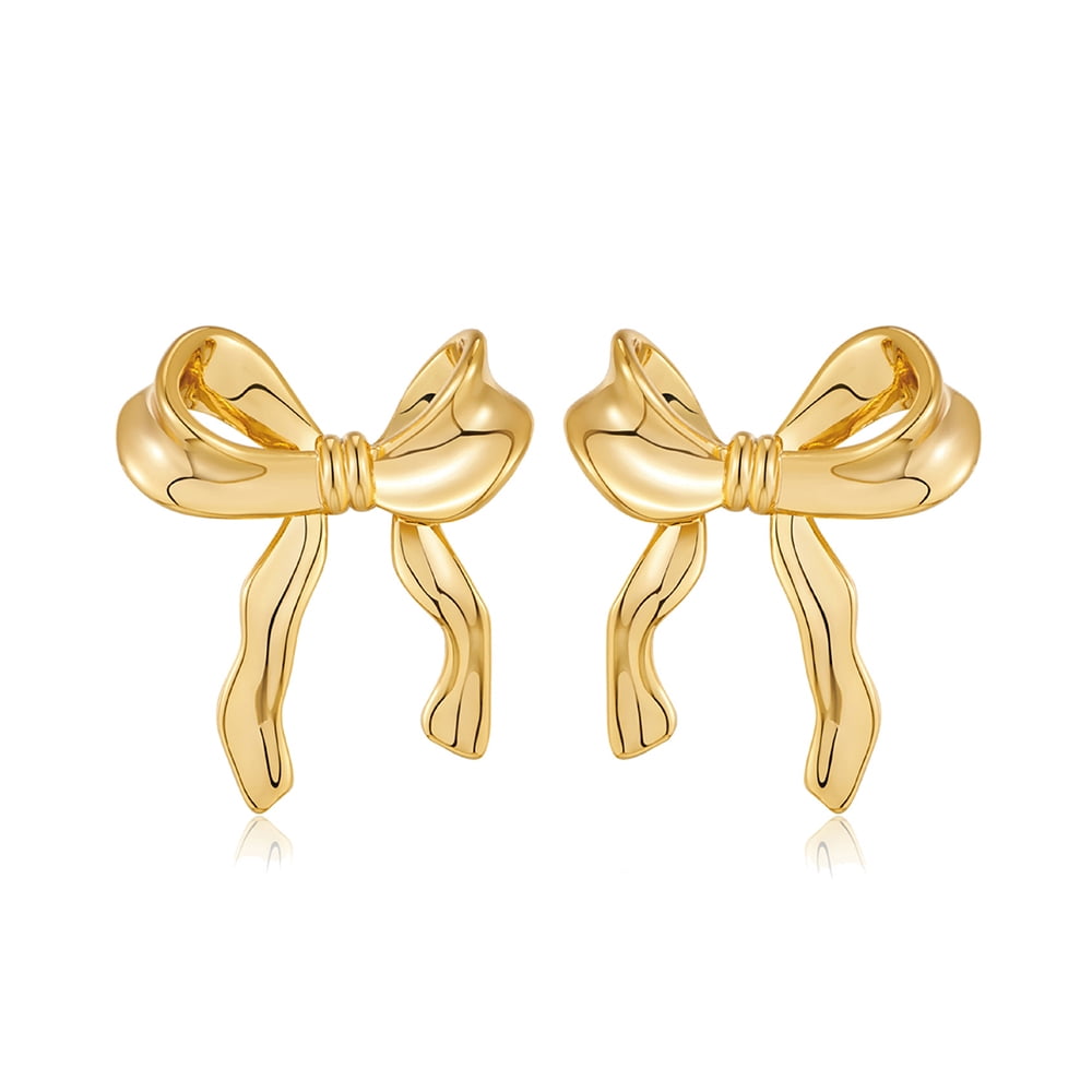 ZSPERKLA 14K Gold Plated Bow Stud Earrings for Women, Lightweight Post Ribbon Knot Earrings ...