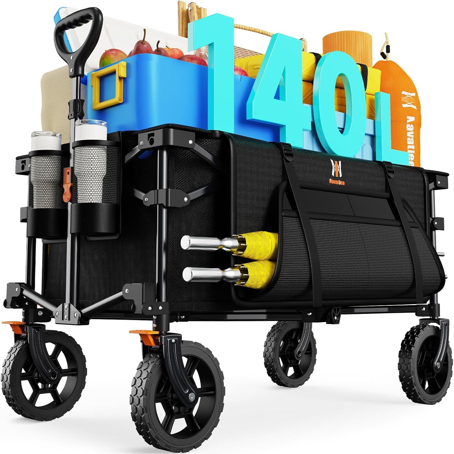 ZSWP 140L Collapsible Foldable Wagon with Wheels, Large Capacity Foldding Wagon Cart with Side ...