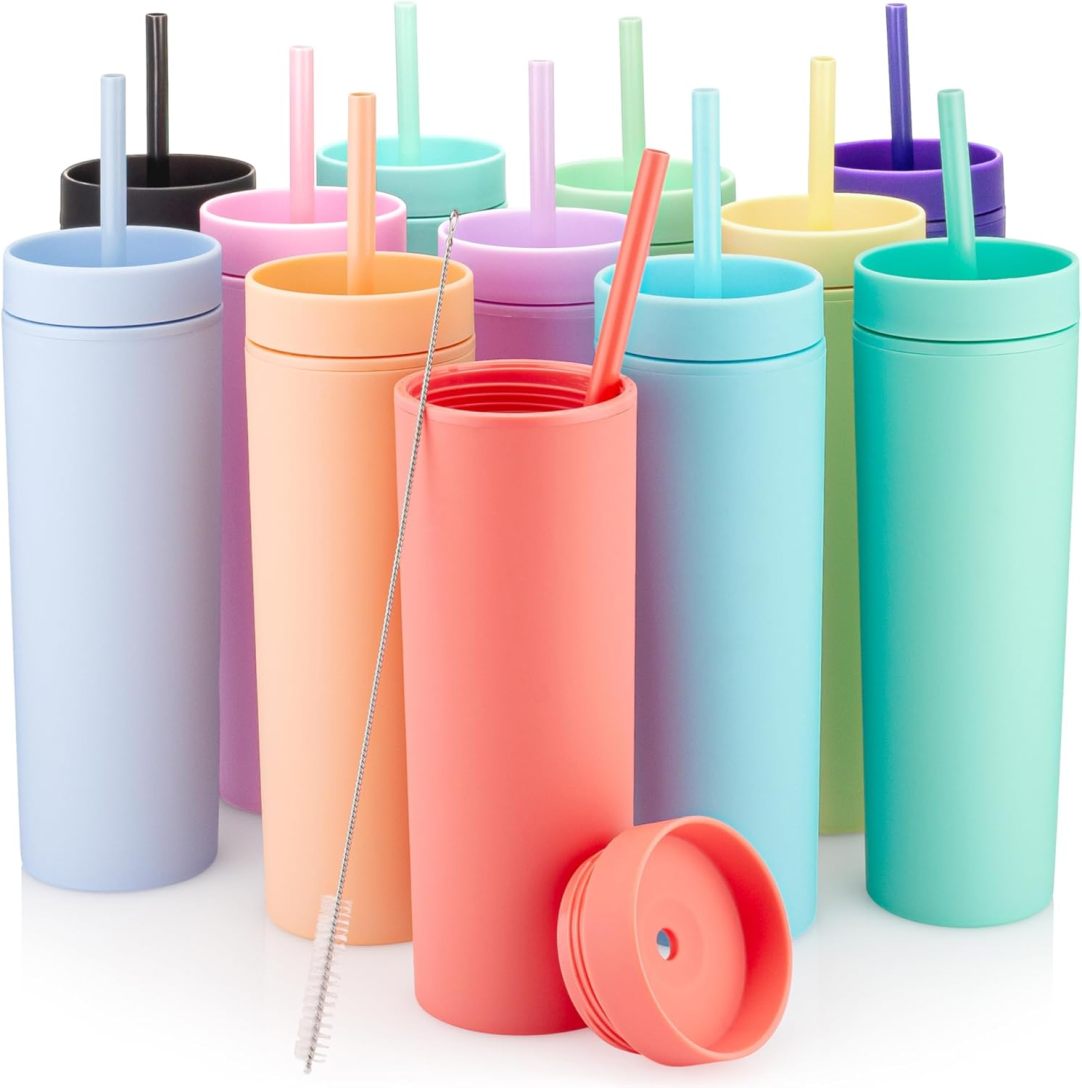 ZSWP Multicolor Skinny Tumblers with Lids and Straws (12 pack) - 16oz ...