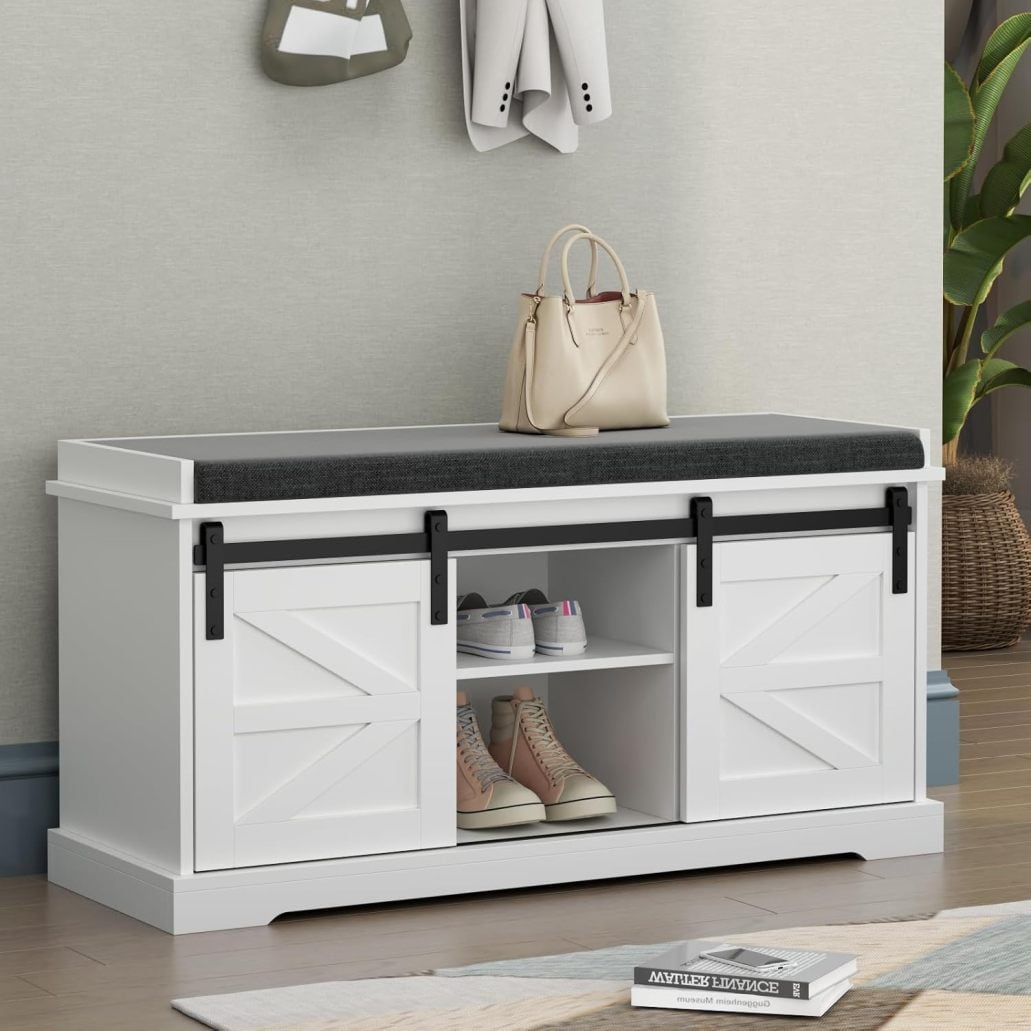 ZSWP Shoe Storage Bench, 2-Tier Farmhouse Entryway Bench with Sliding ...