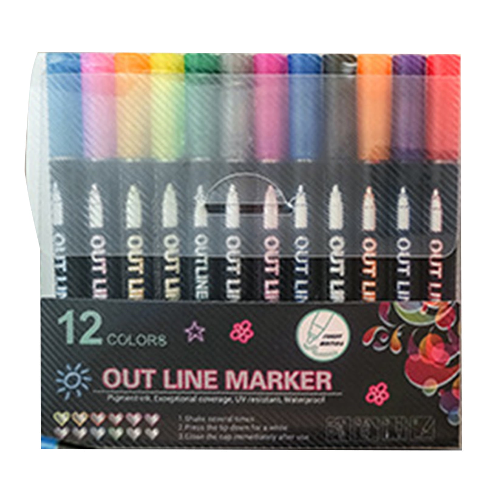 ZTGD 12Pcs Student Outline Highlighter Pen 12 Colors Double Line ...