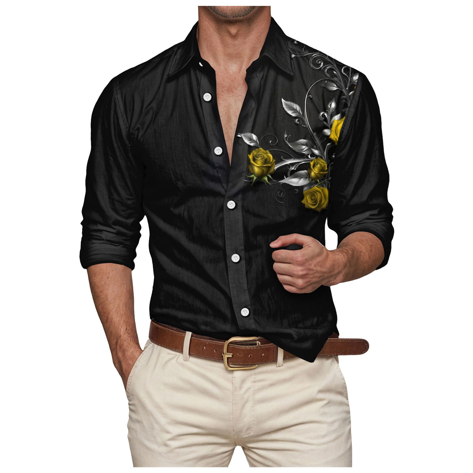 ZTKWD Mens Shirts Rose Floral Printed Slim Fit Long Sleeve Button Down ...
