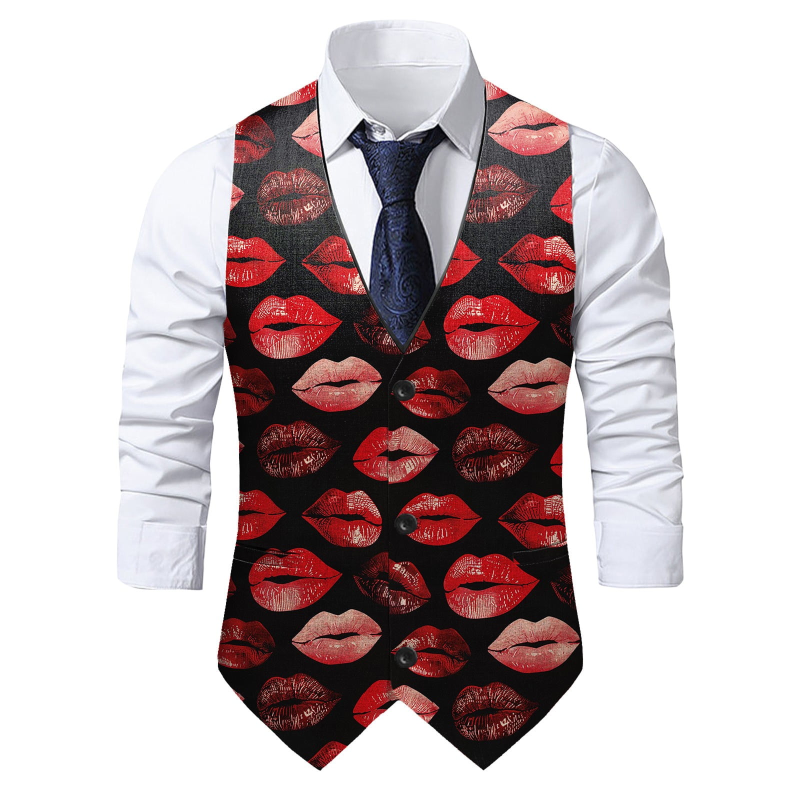 ZTKWD Mens Suits Vest Valentines Lip Heart Print Pattern Button Down ...